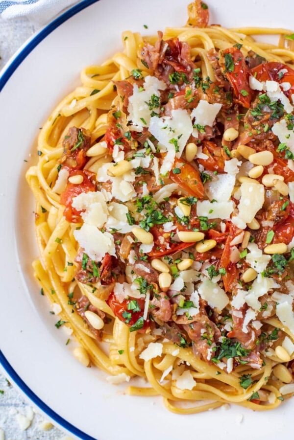 Roasted Tomato and Basil Pasta with Parma Ham - Hungry Healthy Happy